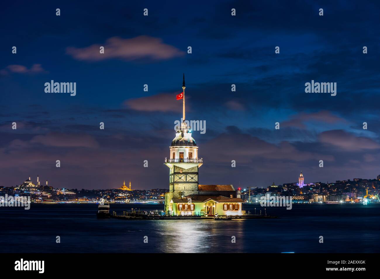 Night view of the Maiden's Tower, also known as Leander's Tower since ...