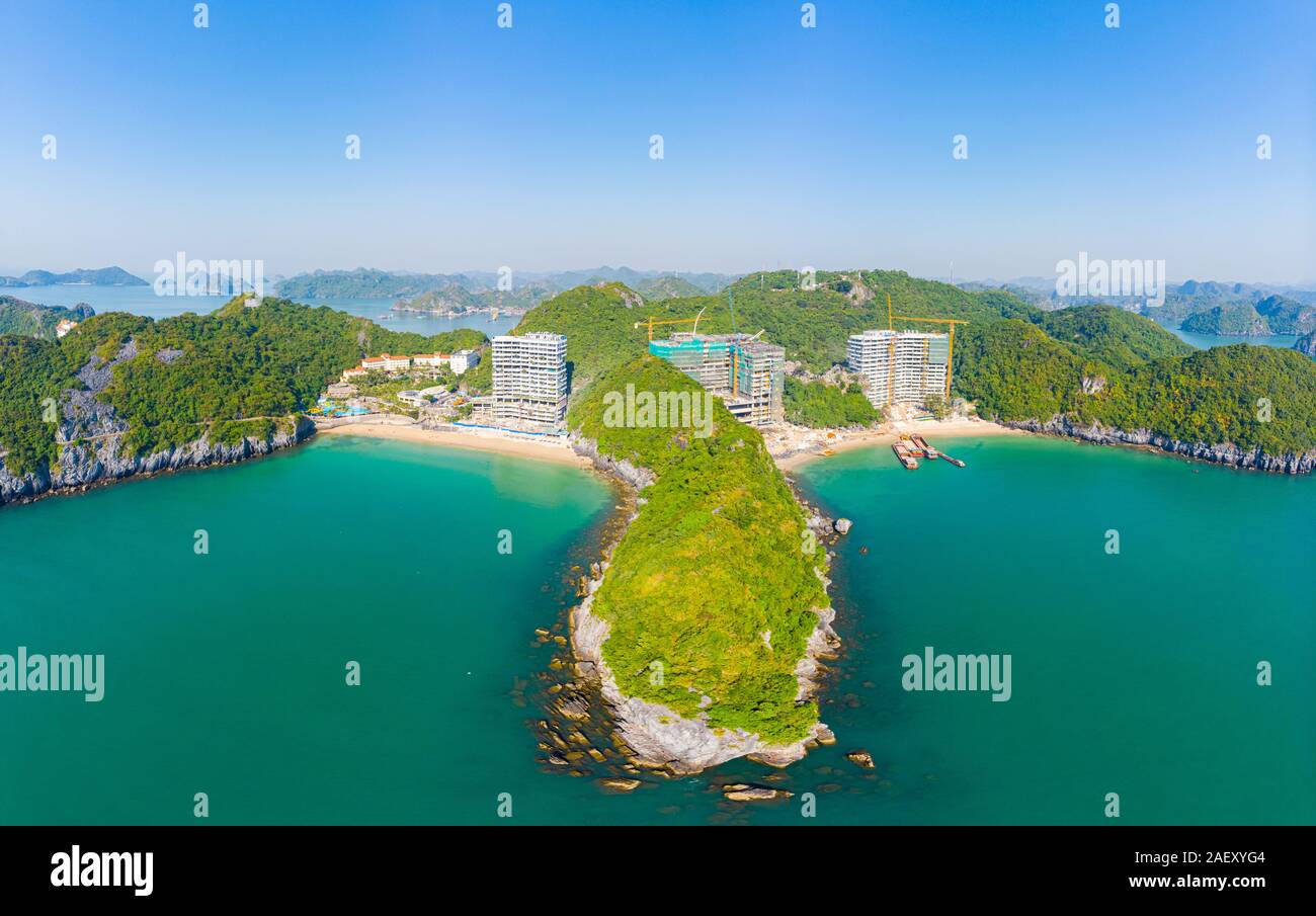 Cat Ba, Vietnam - december 10, 2109: New building construction on beach ...