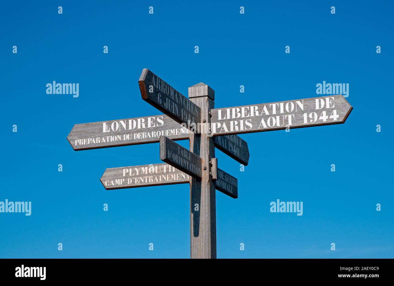 Directional sign with information about the WW2 and D-Day landings, Le ...