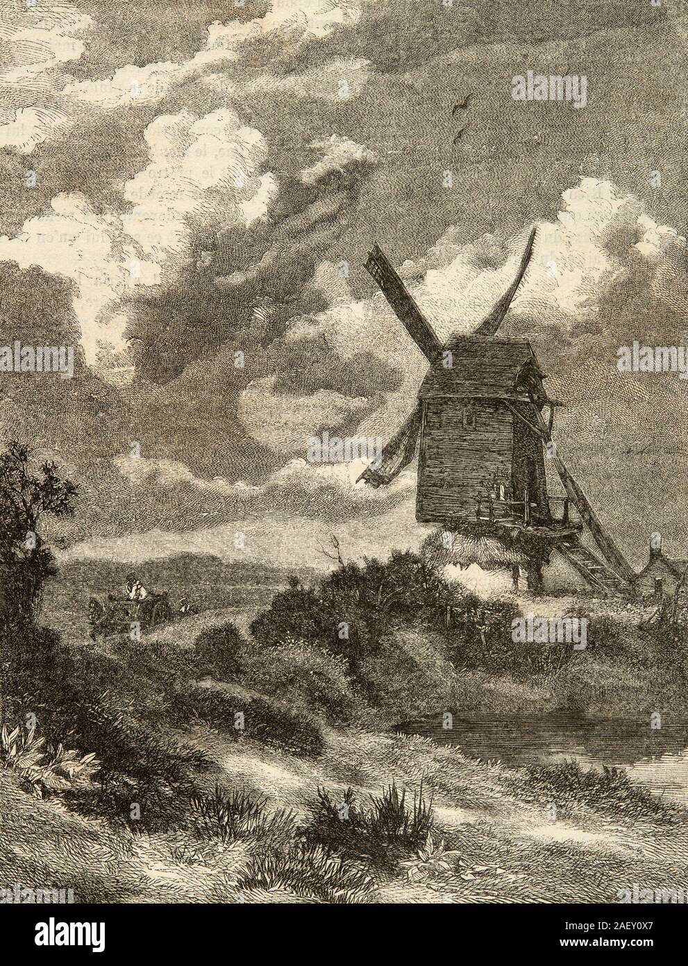 engraving , a windmill in the French countryside Stock Photo - Alamy