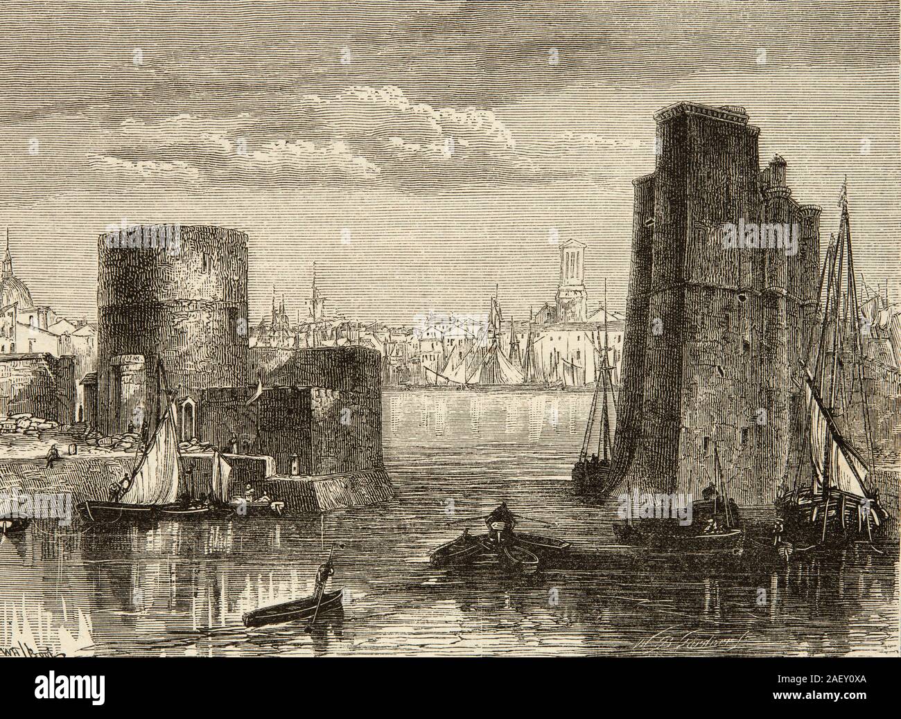 engraving , The port of La Rochelle , 19th century ( The tower of the ...