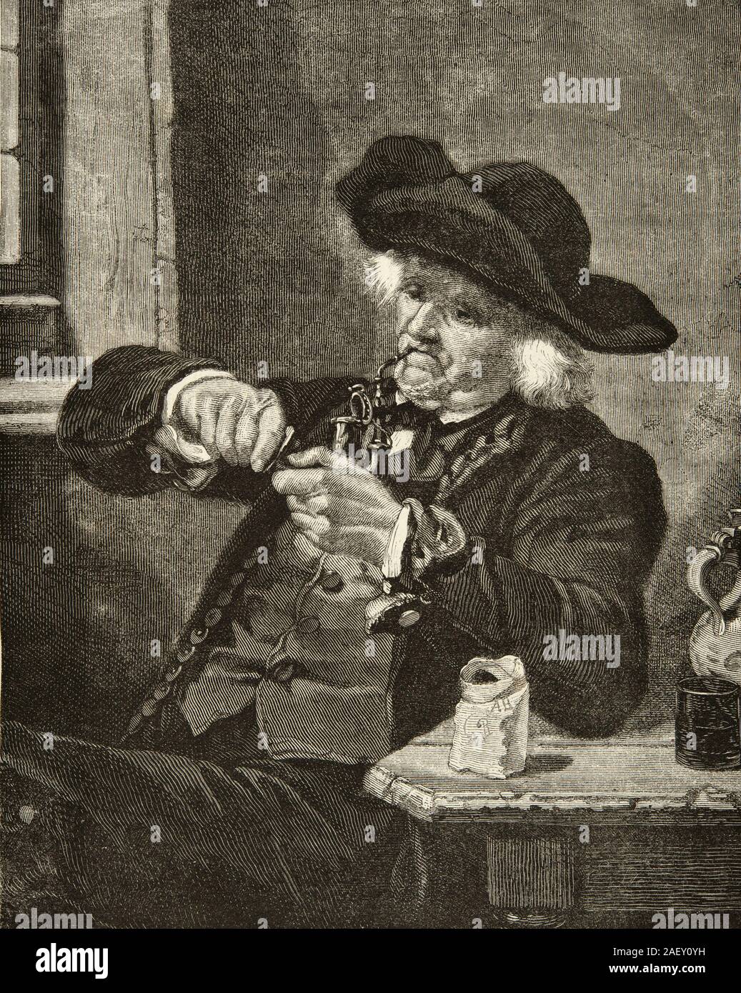 Engraving , the grand father's pipe Stock Photo - Alamy