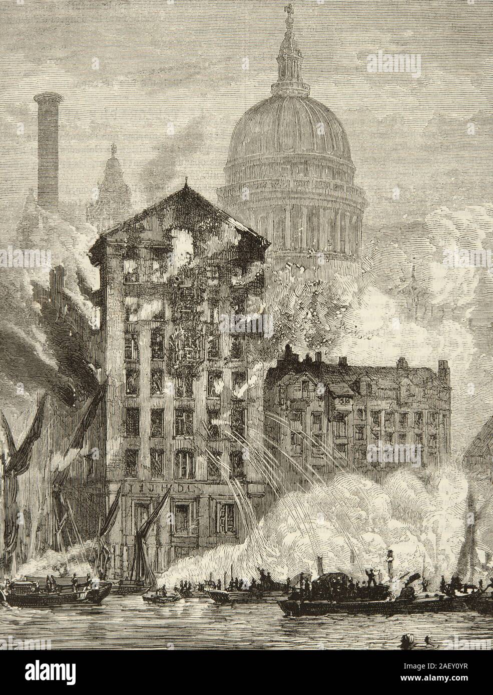 Engraving , A building on fire in London , 19th century Stock Photo - Alamy