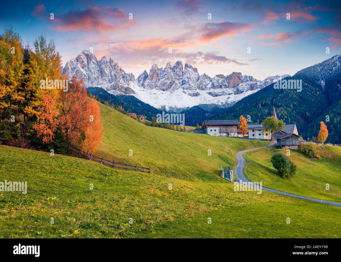Magnificent view of Santa Maddalena village in front of the Geisler or ...