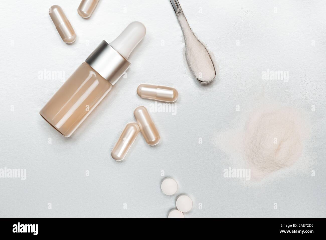 Different types of collagen. Powder, capsules, tablets and fluid Stock ...