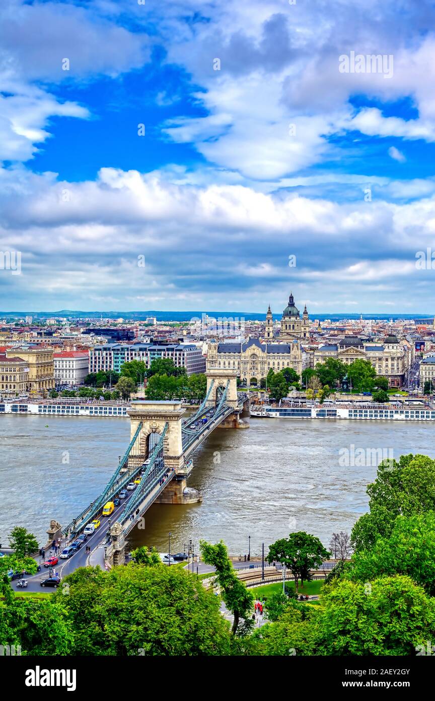 The Chain Bridge across the Danube River in Budapest, Hungary Stock ...