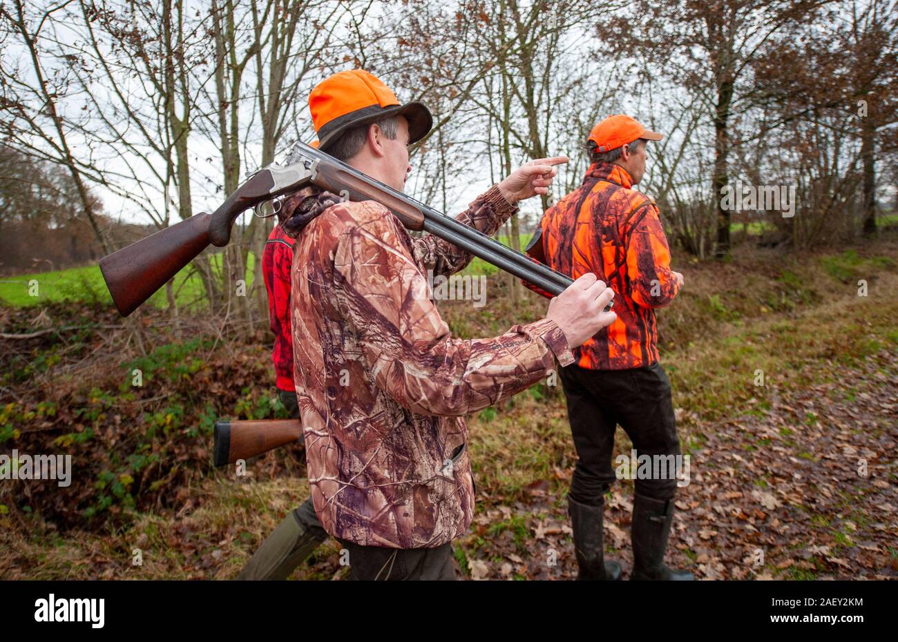 REUTUM, THE NETHERLANDS - DEC 07, 2019: Men with a shotgun hunting on ...
