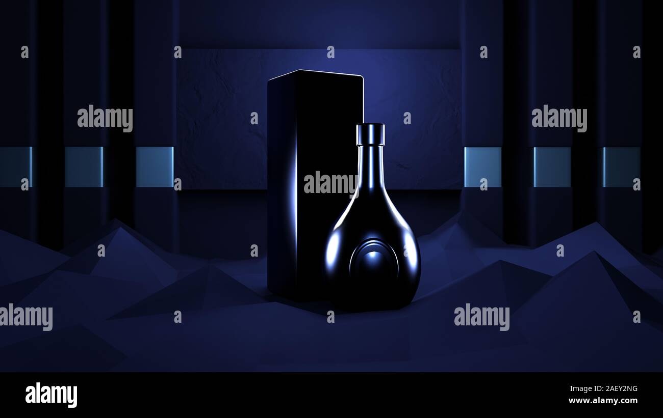 Black abstract background with elite alcohol. A bottle of liquor.3d ...