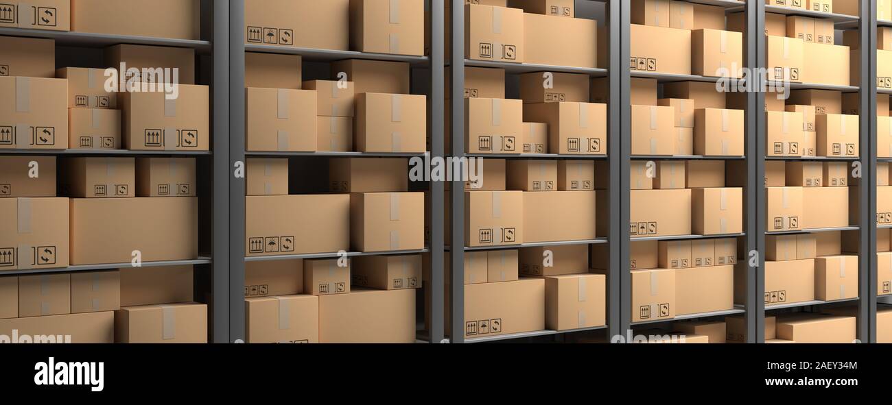 Cardboard boxes, storage warehouse shelves background, banner ...