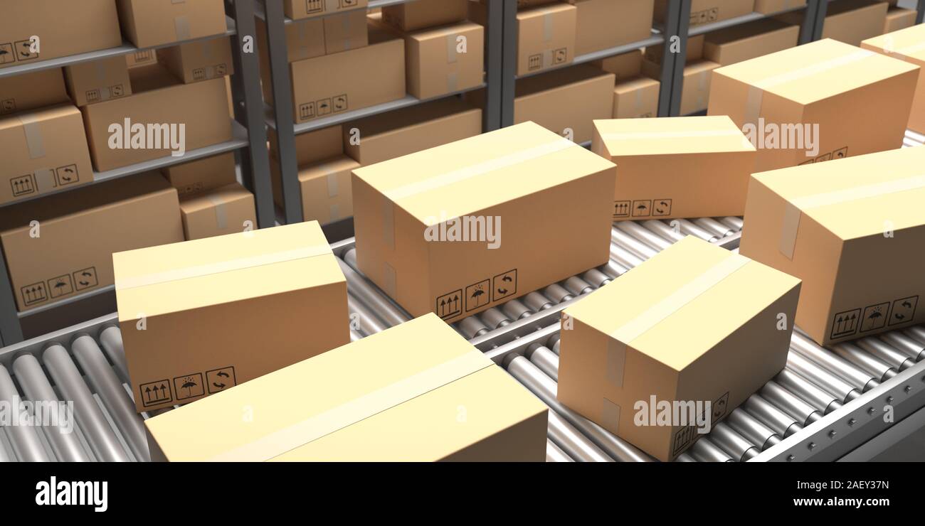 Conveyor belt with cardboard boxes. Packaging and handling roller ...