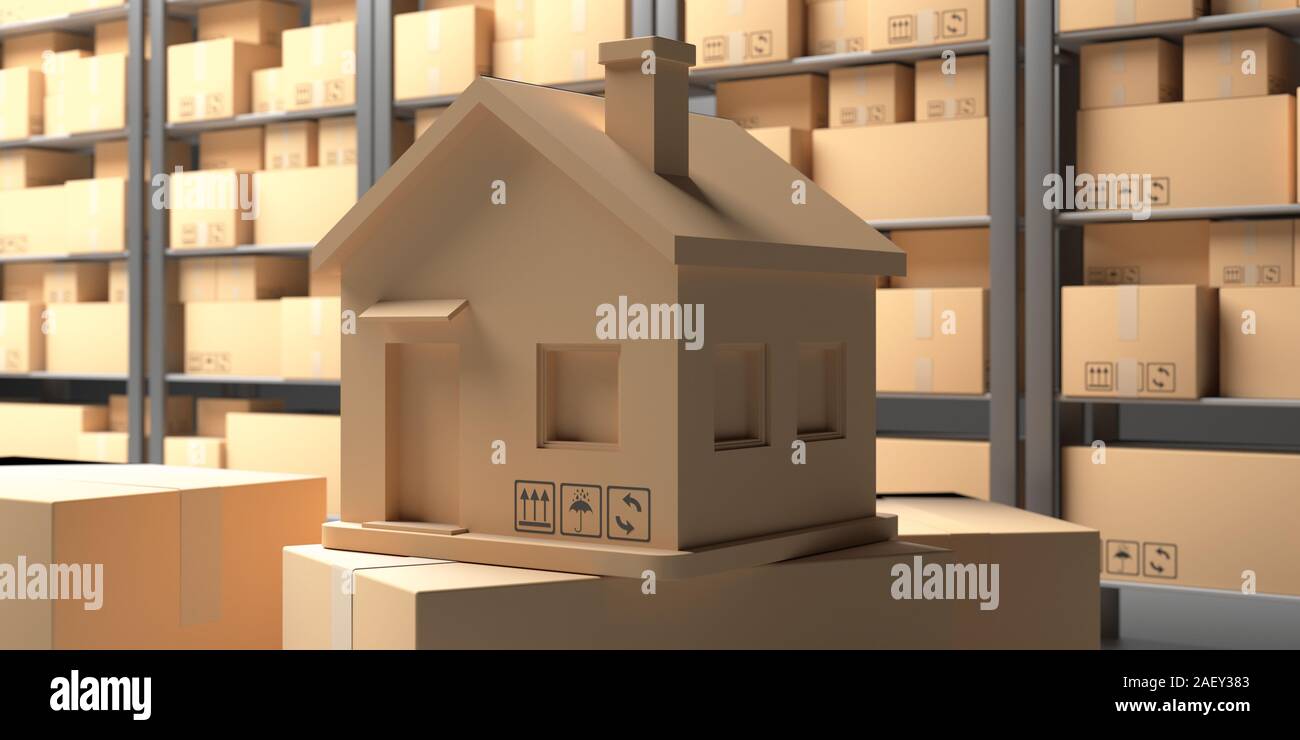 Cardboard moving box house shape against warehouse shelves background ...