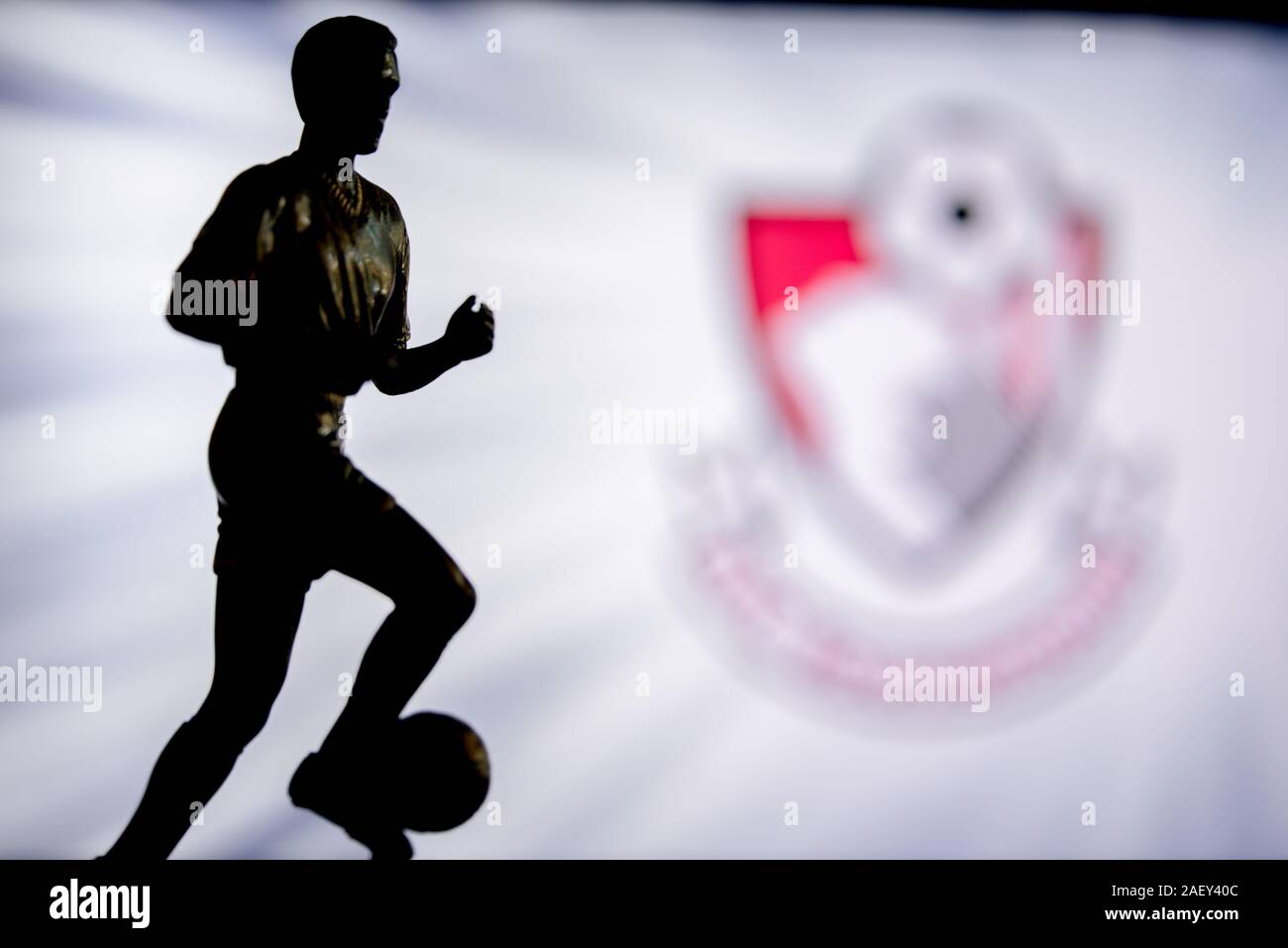 LONDON, ENGLAND, JULY. 1. 2019: Bournemouth Football club logo, Premier ...