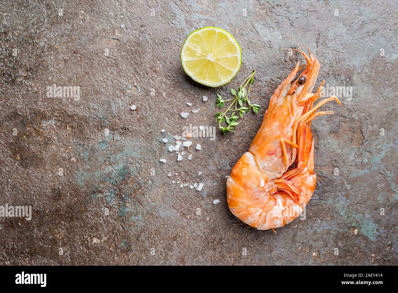 Giant fresh Tiger Prawn over dark stone background, top view Stock ...