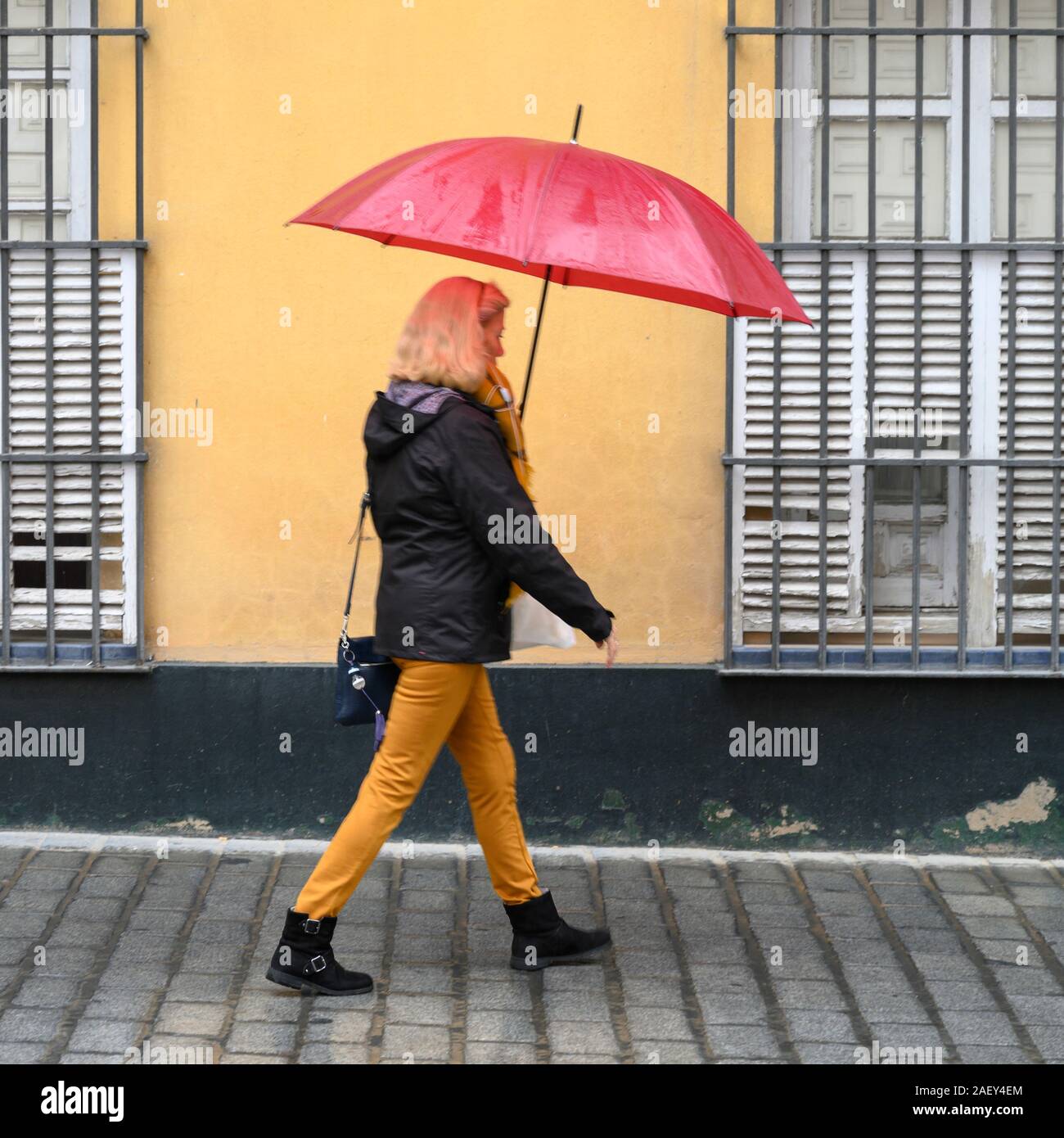 Woman walking on street holding an umbrella, Seville, Seville Province ...