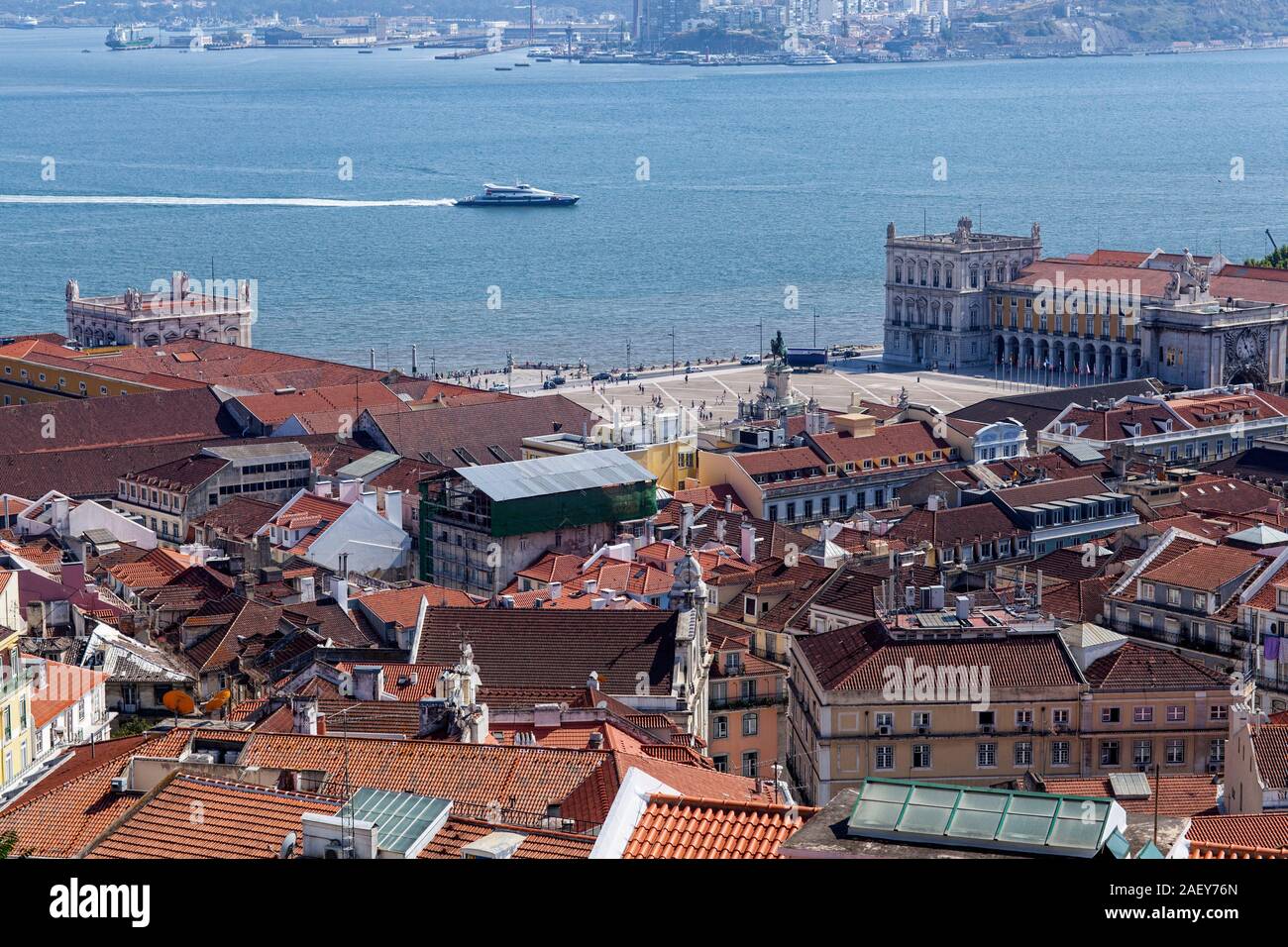Aerial view of Baixa, Tejo river and Praca do Comercio on a sunny day ...