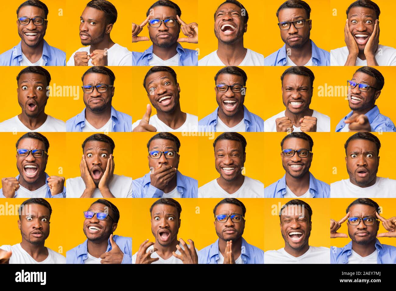 Set Of Afro Guy Emotions. Collage Of Different Black Millennial Man's ...