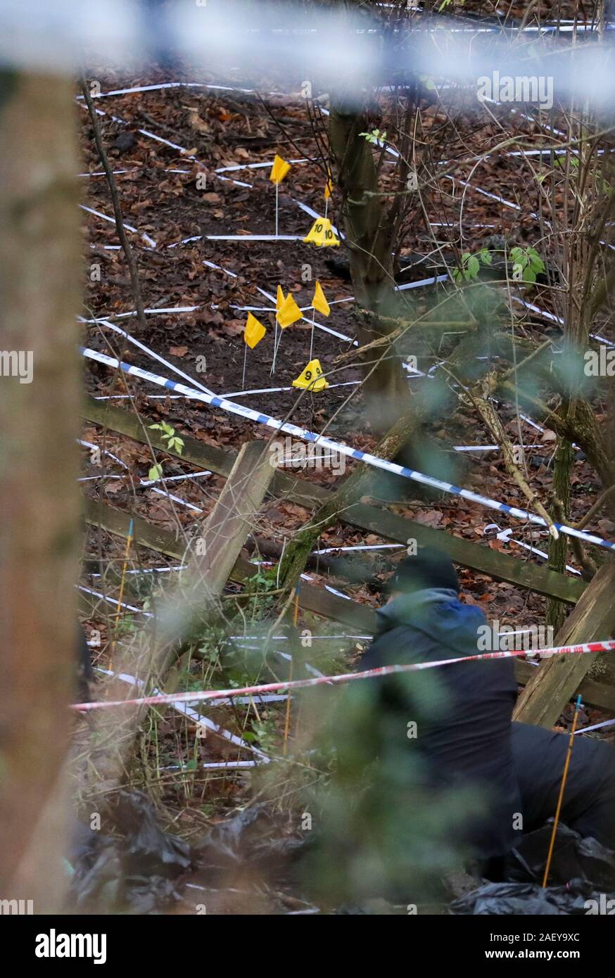 Police forensics teams search ditches and woodland at a site near ...