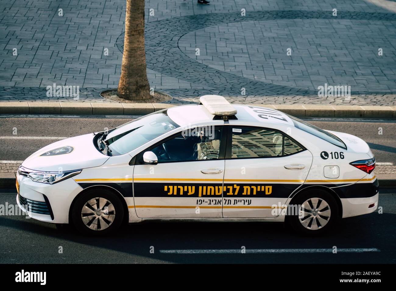 Tel Aviv Israel December 08, 2019 View of a Israeli police car rolling in the street of Tel Aviv ...
