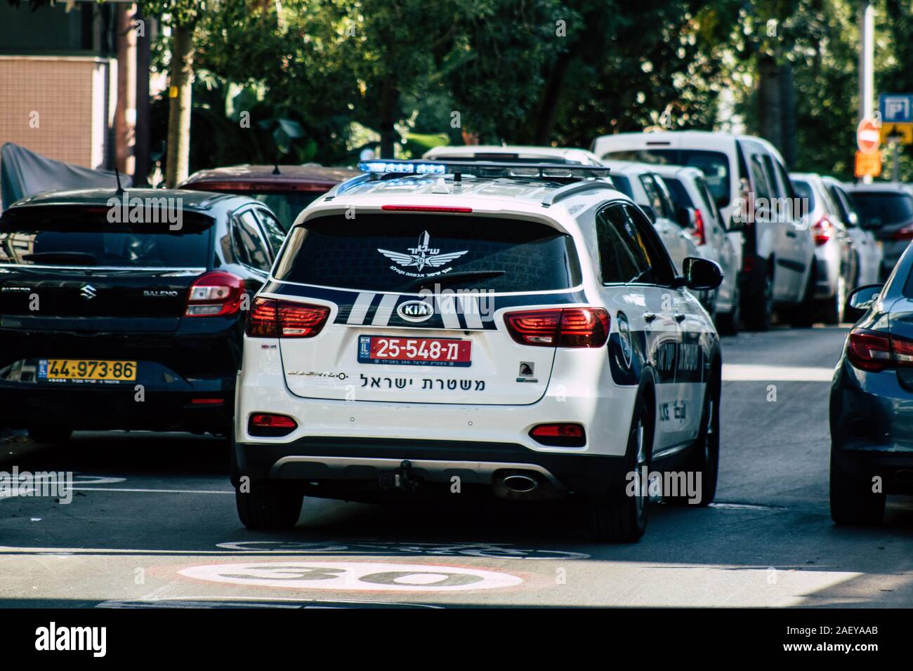 Tel Aviv Israel December 08, 2019 View of a Israeli police car rolling ...