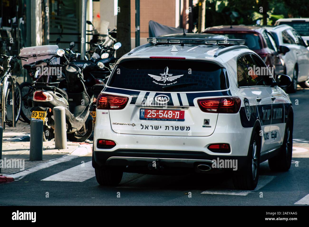 Tel Aviv Israel December 08, 2019 View of a Israeli police car rolling ...