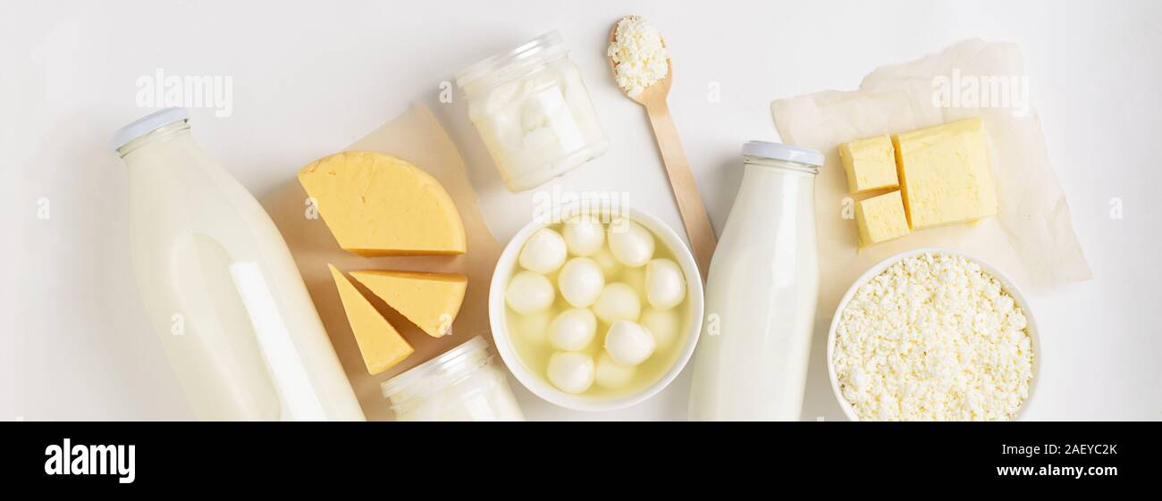 Dairy and fermented milk fermented organic products on a white ...
