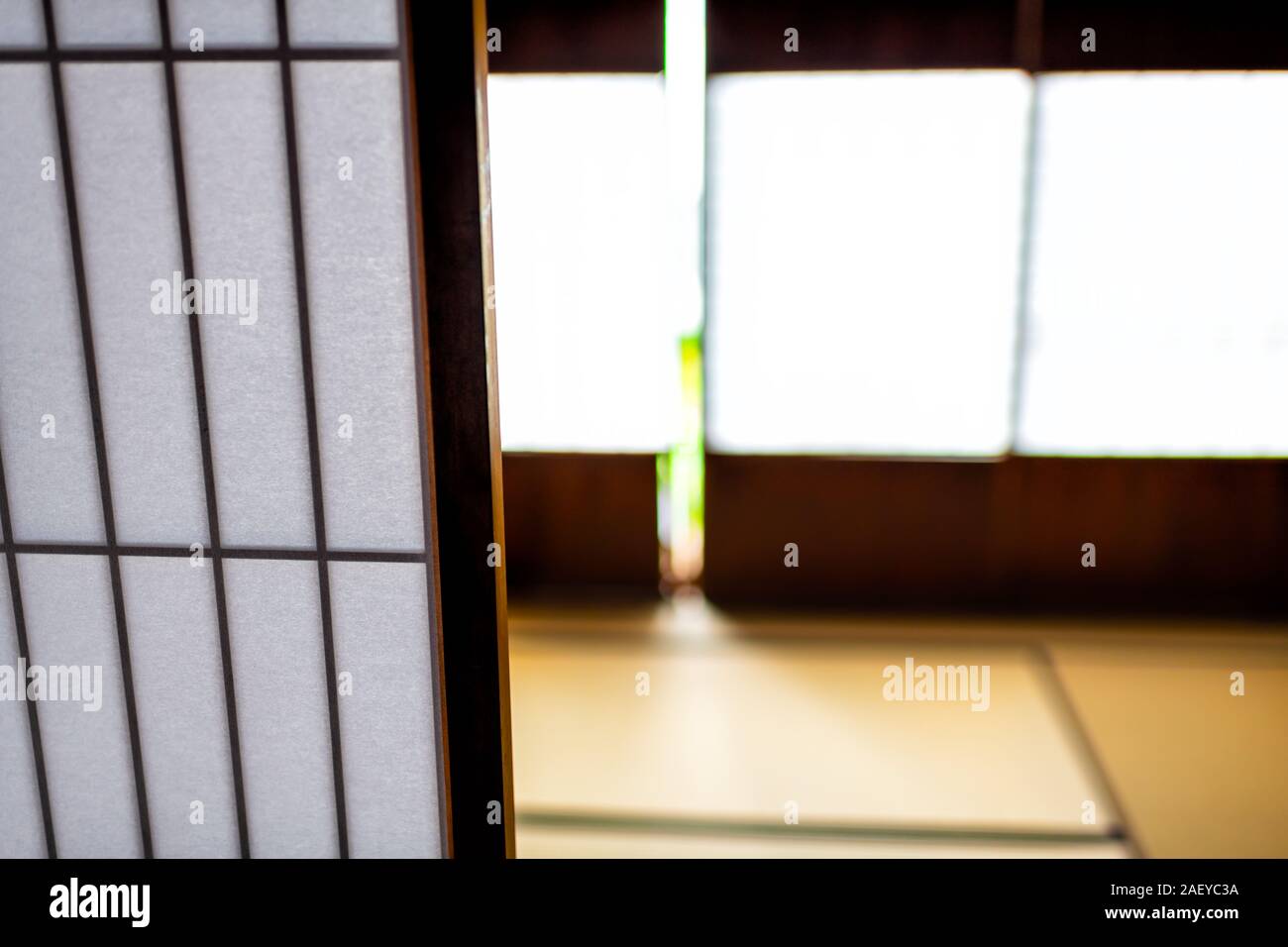 Traditional Japanese home or ryokan with closeup of open shoji sliding ...