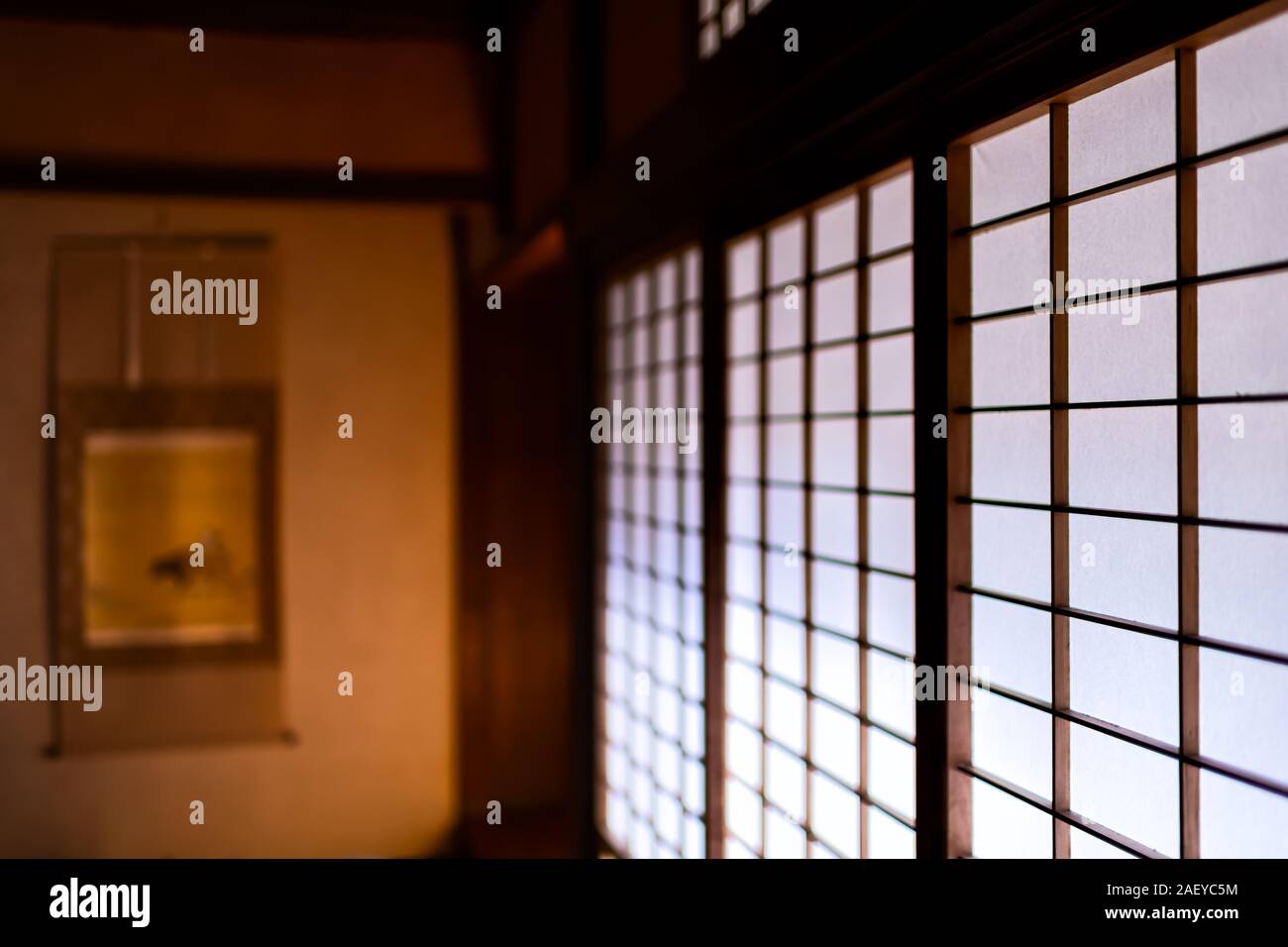 White shoji sliding paper doors closed in traditional japanese house or ...