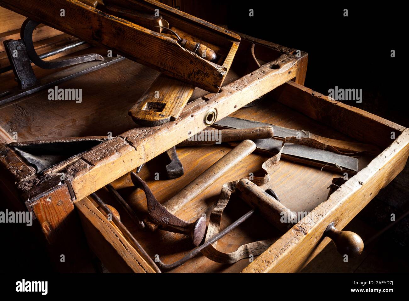 drawer with antique woodworking tools Stock Photo - Alamy