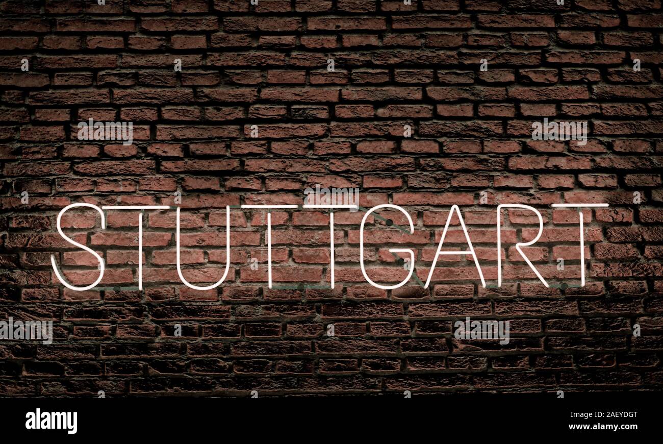3D generated neon sign with Stuttgart letter on rough brick wall Stock ...