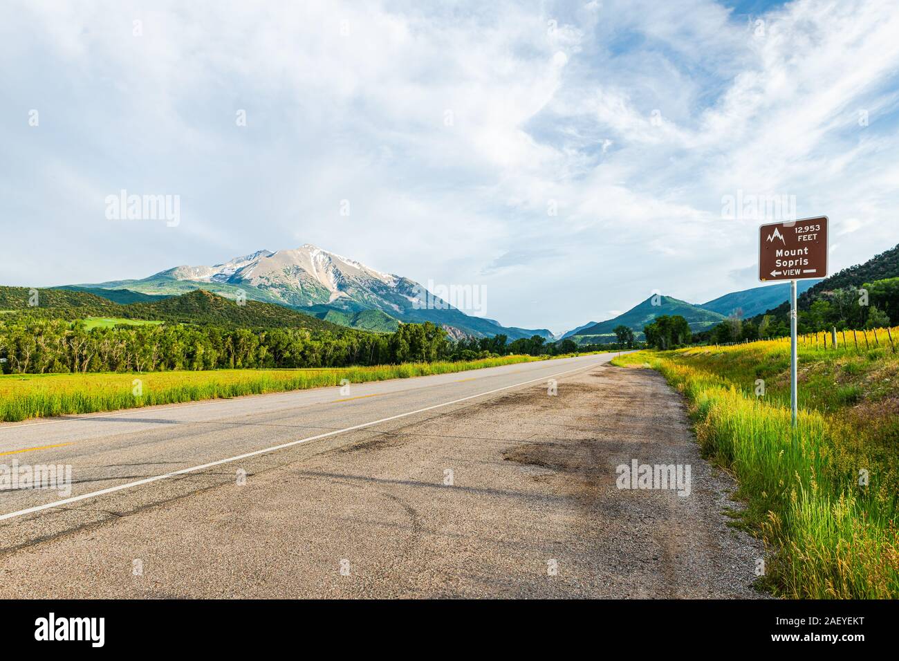 Carbondale view of mount Sopris in Colorado with empty road and nobody ...