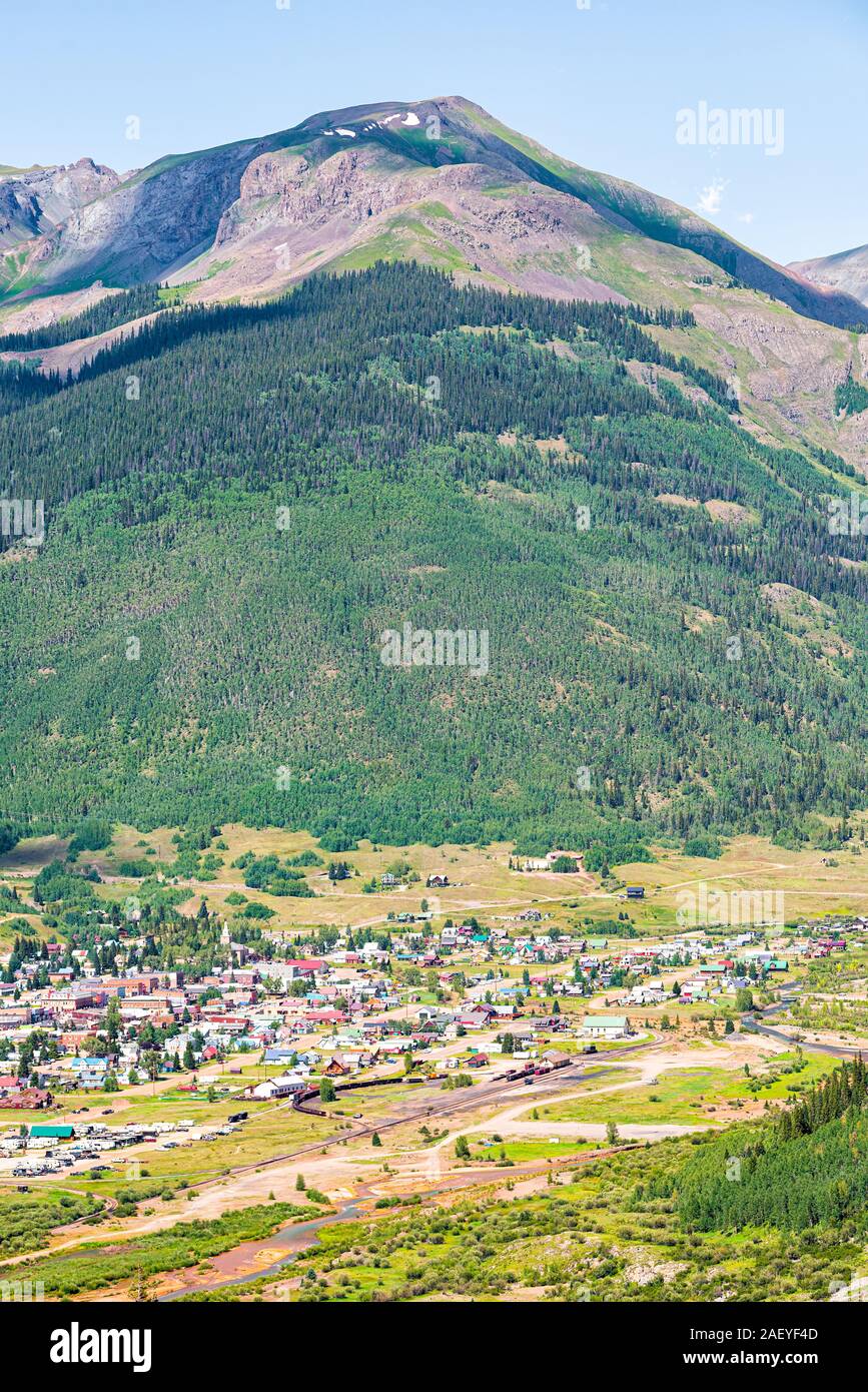 High angle aerial vertical view of Silverton, Colorado small town from ...