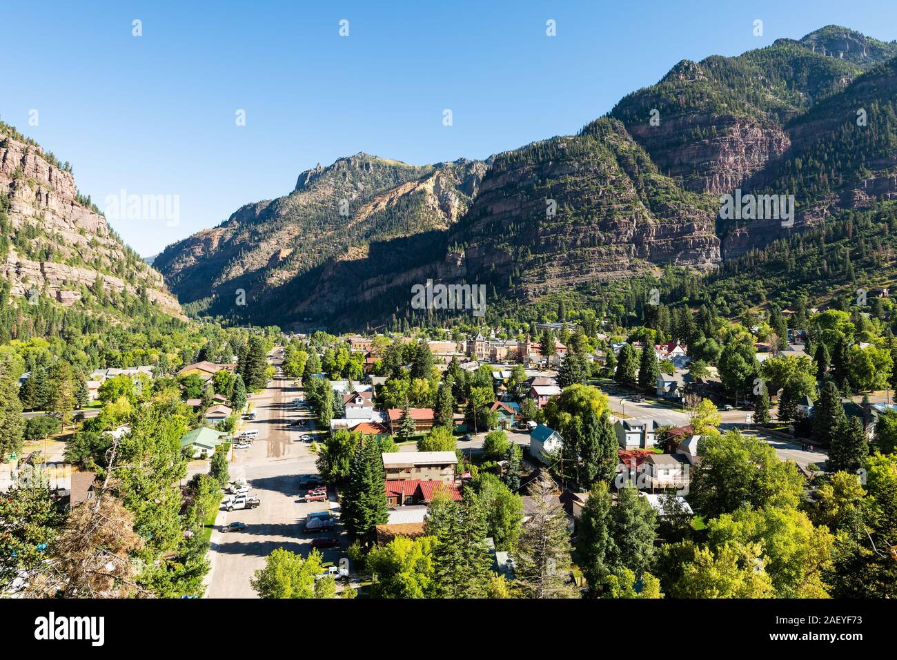 Ouray high angle aerial view of small town in Colorado with city main ...
