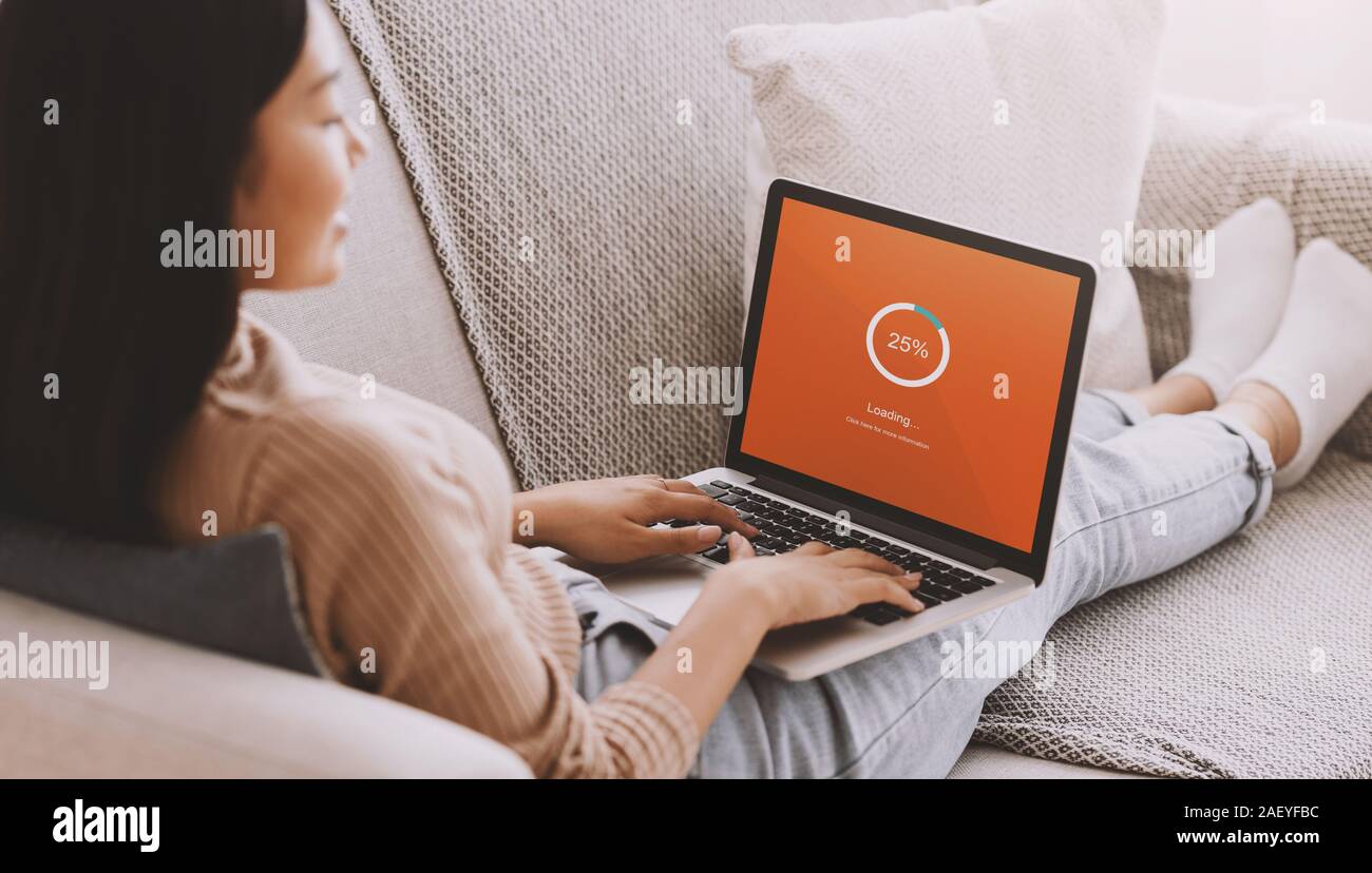 Student Girl Looking at Laptop Screen with Loading Screen, home ...
