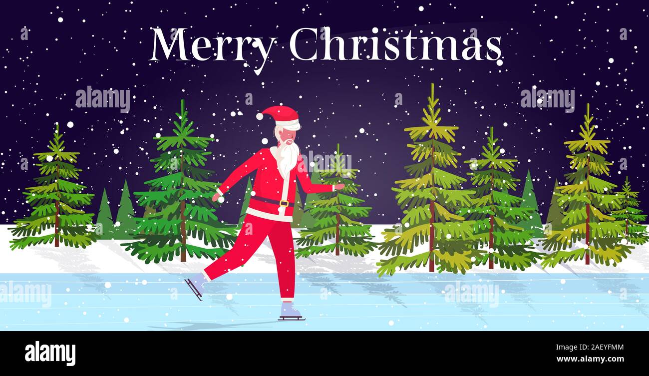 santa claus skating on frozen river ice rink merry christmas happy new ...