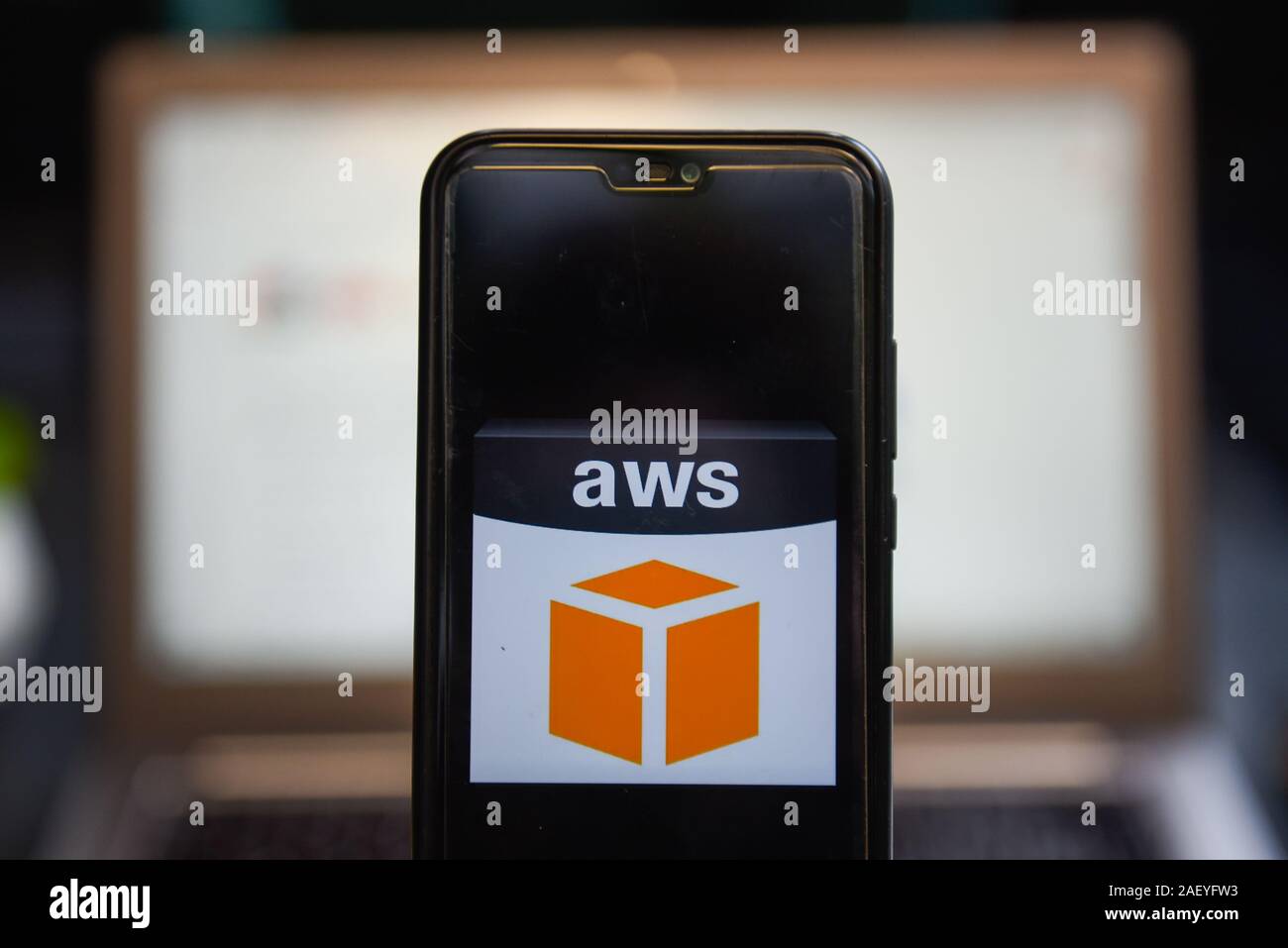 In this photo illustration an Amazon Web Service logo seen displayed on ...