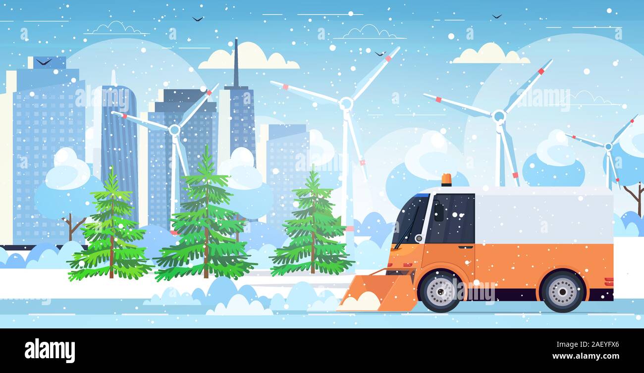 snow plow truck cleaning city road afrer snowfall winter snow removal ...