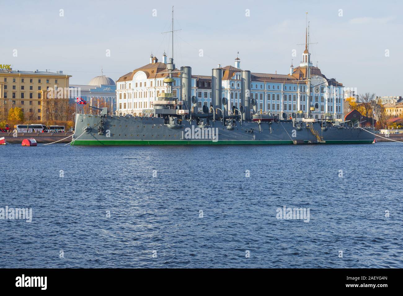 ST. PETERSBURG, RUSSIA - OCTOBER 25, 2019: View of the cruiser "Aurora ...
