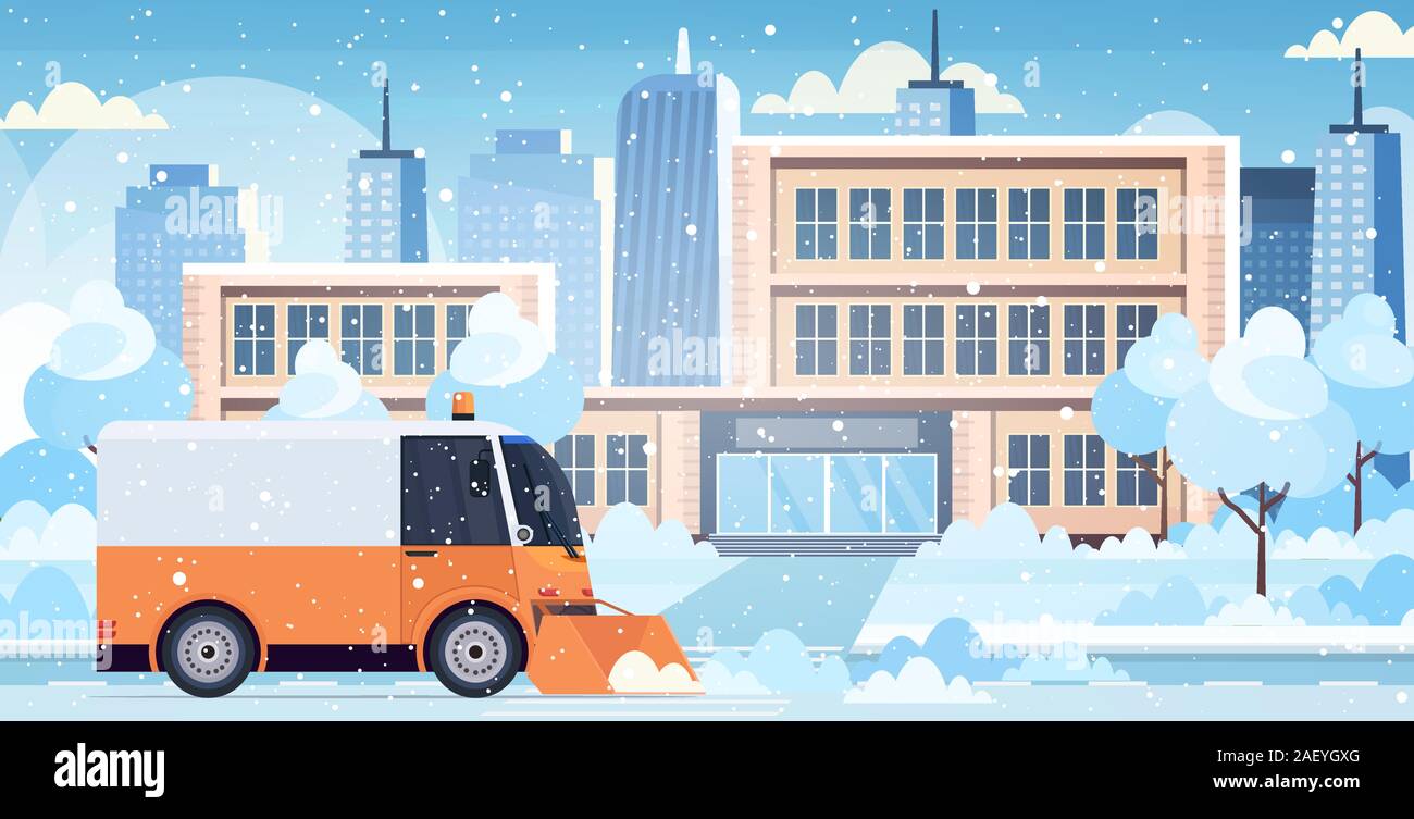 snow plow truck cleaning city road afrer snowfall winter snow removal ...