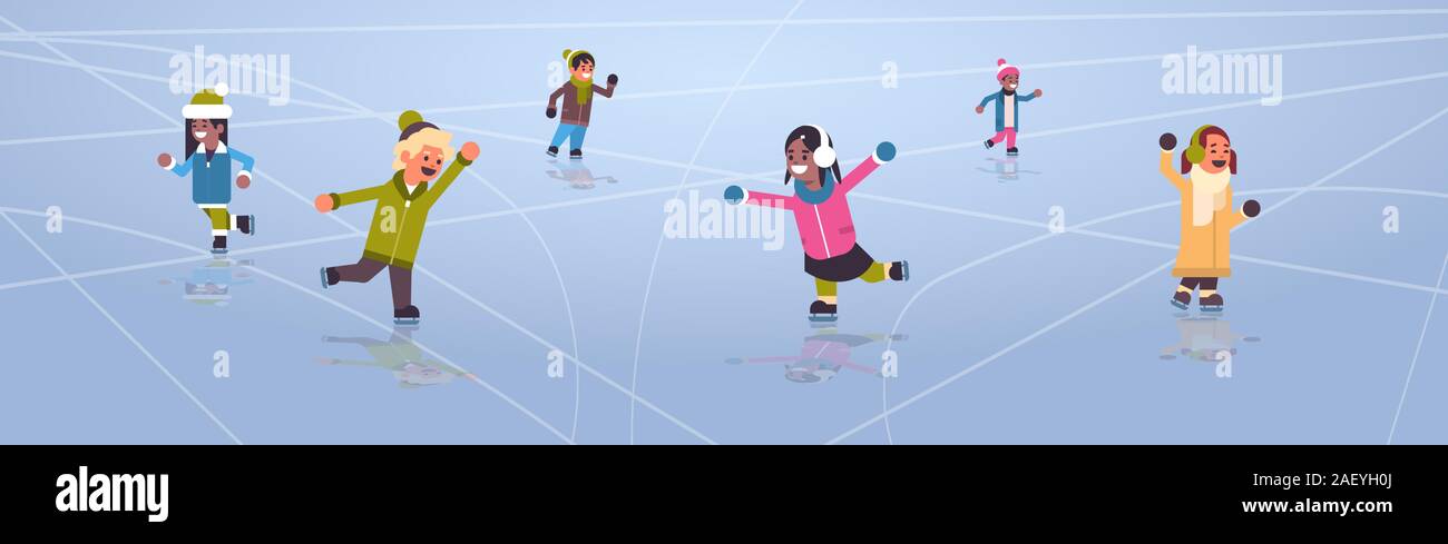children skating on ice rink winter sport activity recreation at ...