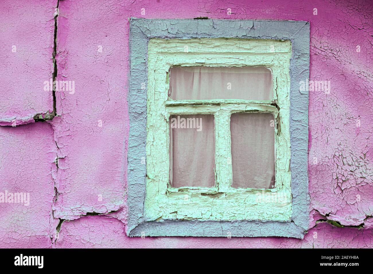 Vintage rustic wooden window frame. Old pink peeling paint cottage ...