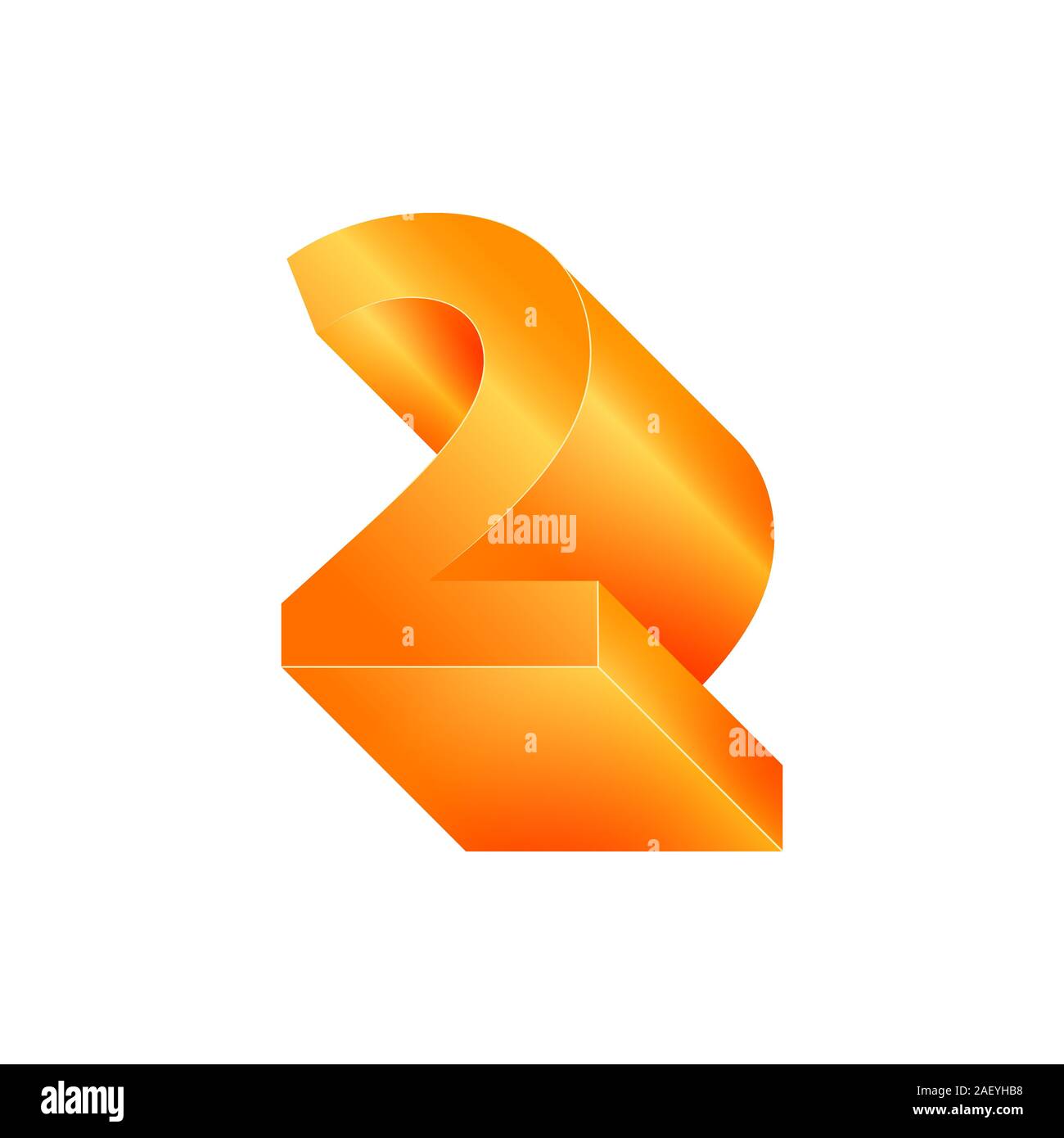 3D number 2. Volumetric orange figure with a metallic sheen Stock ...