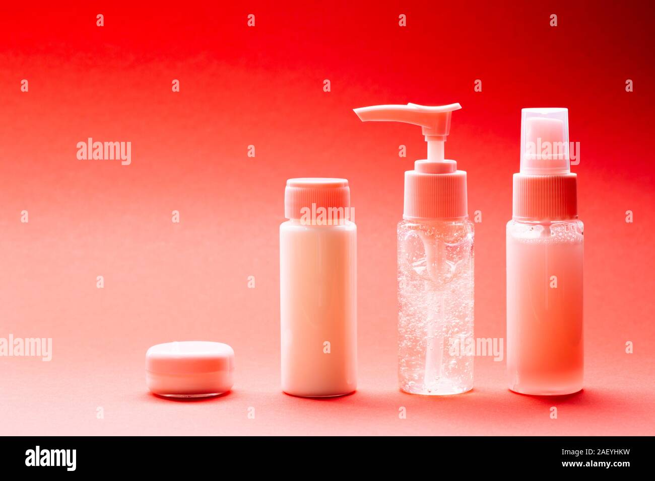 Group of multiuse bottles for traveling. Front view Stock Photo - Alamy