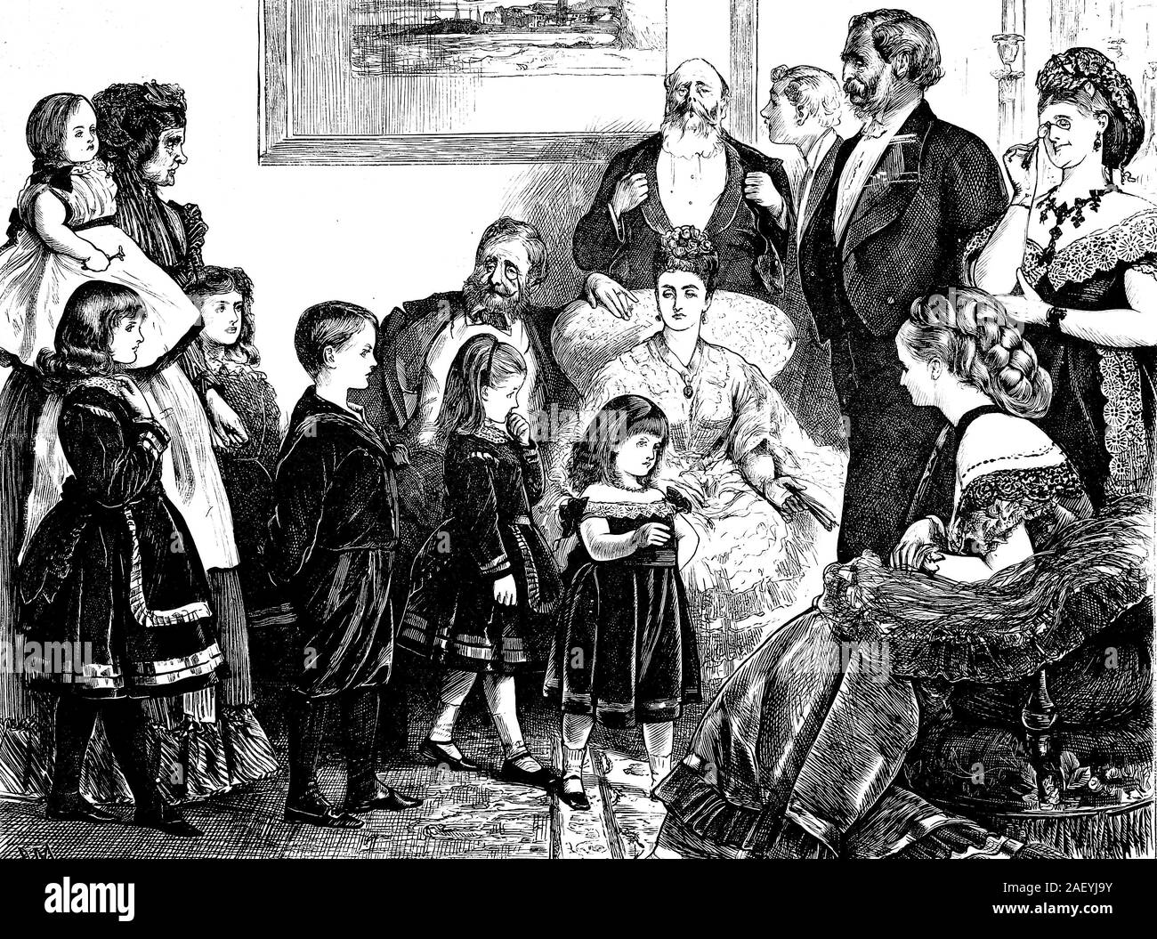 Children walk past review by family and friends, greeting. Line art ...