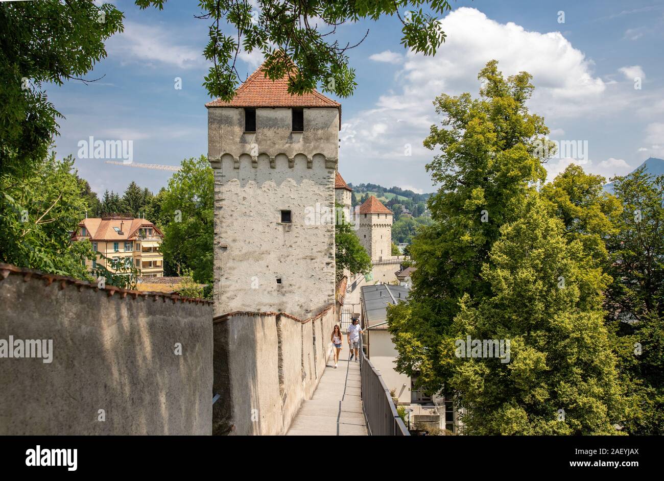 Lucerne, Switzerland - July 21, 2019:Lucerne city wall and nine towers ...