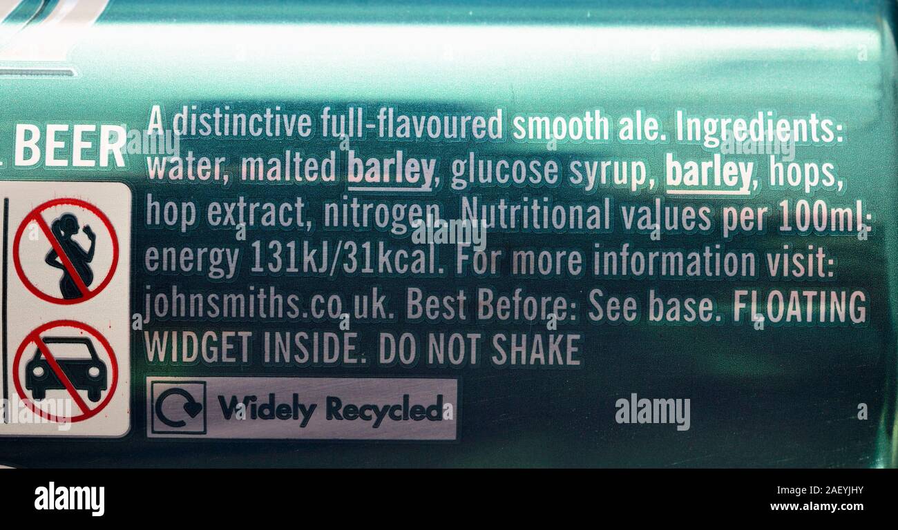 A can of John Smiths extra smooth beer showing ingredients and consumer ...