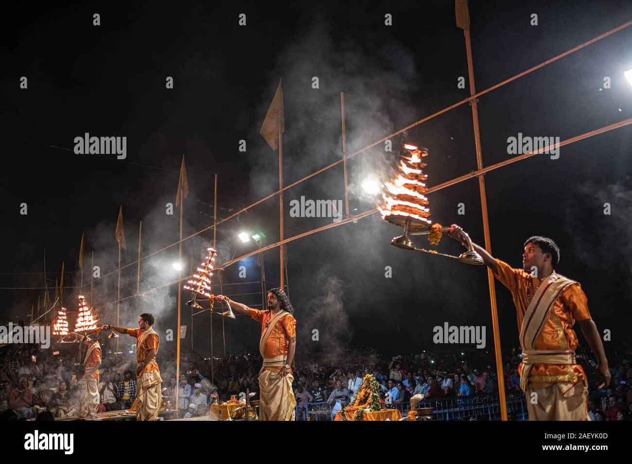 Ceremony of Ganga Aarti Puja in Varanasi, Uttar Pradesh, India Stock ...