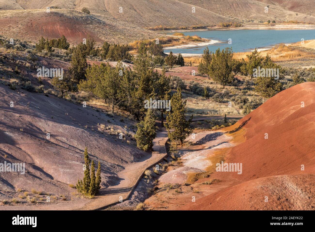 Wooden walkway at Painted Cove Trail with the Painted Hills Reservoir ...