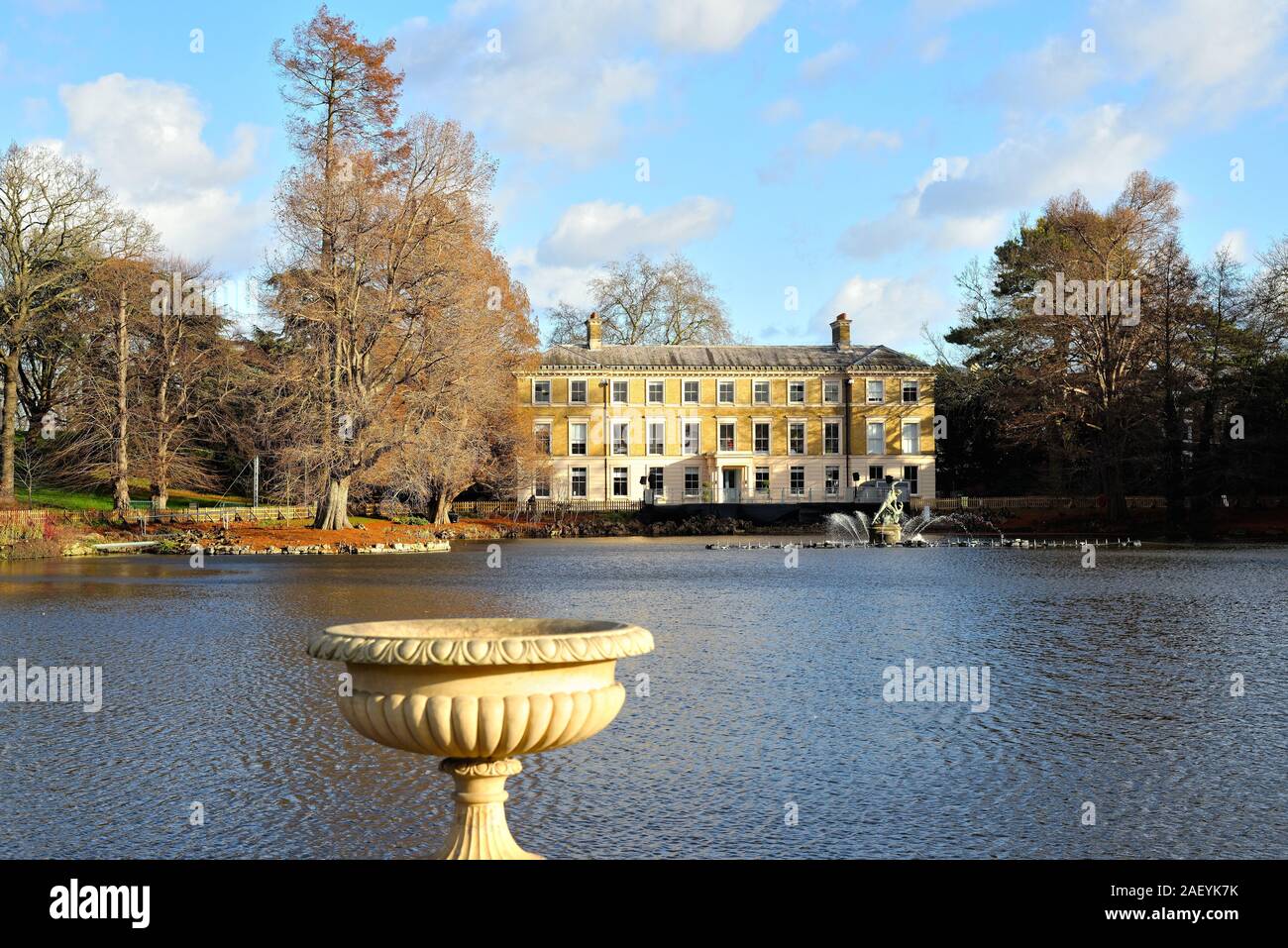 Looking across the Palm House Lake at the No 1 Museum in the Royal ...