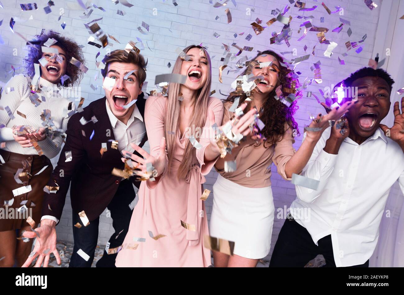 Party People. Excited Multiracial Friends Shouting Enjoying Falling ...