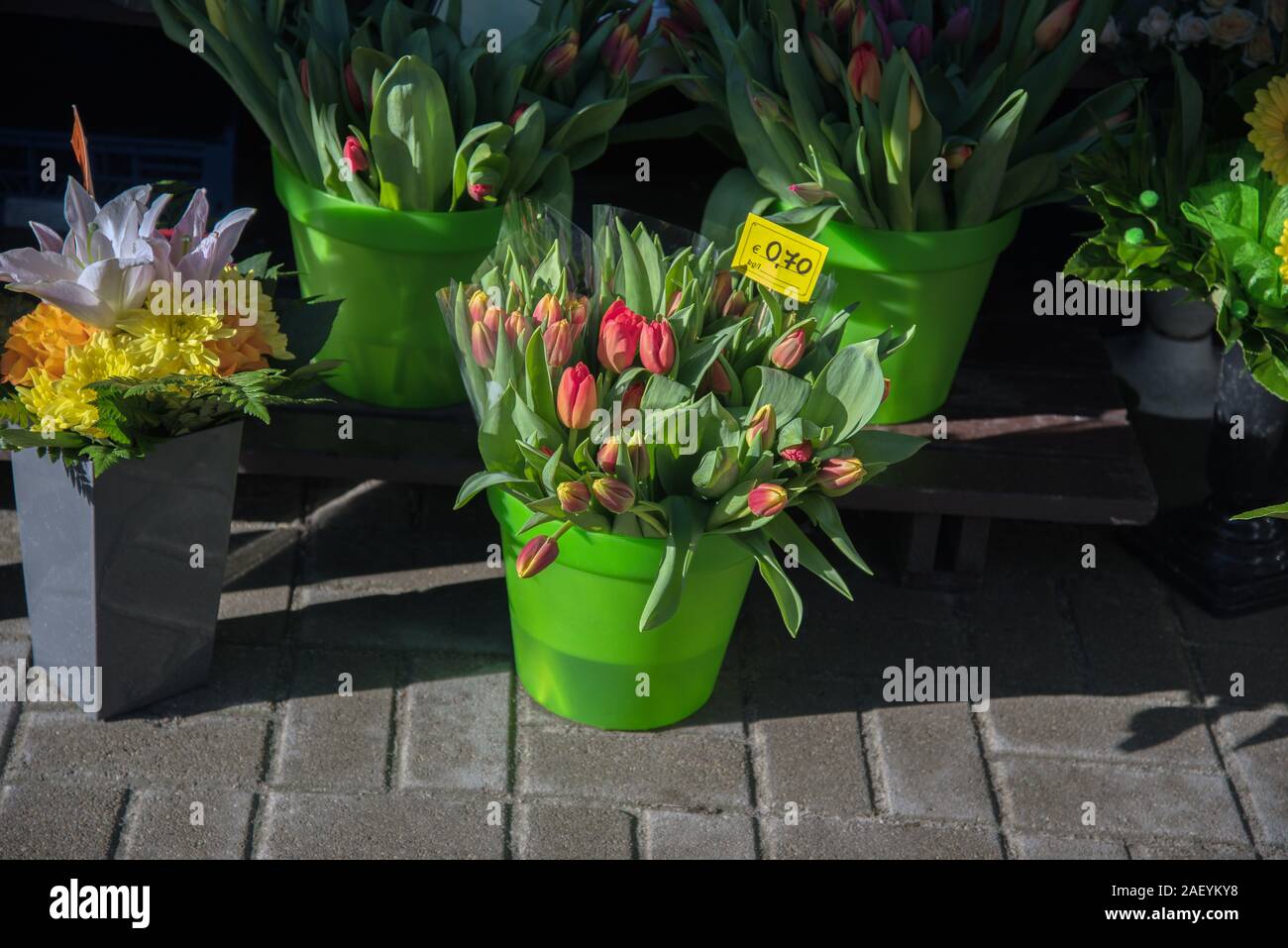 Bouquet of tulips and other flowers on bazaar Stock Photo - Alamy